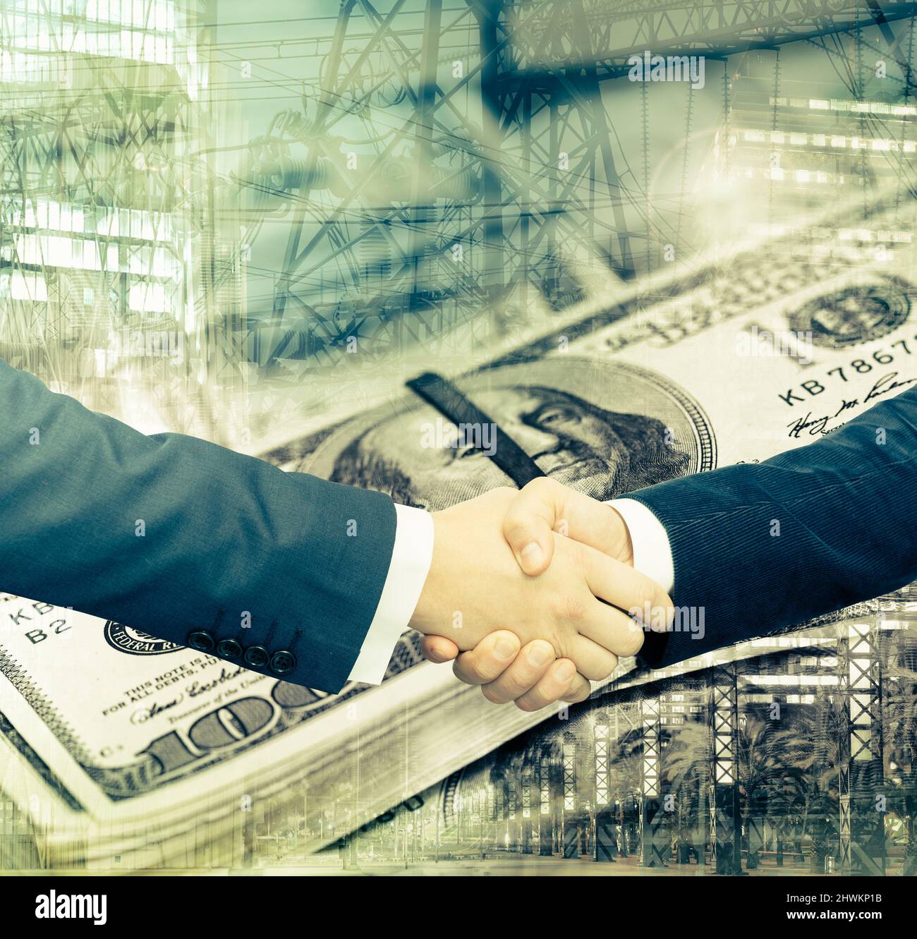 Businessmen handshake on dollar background Stock Photo - Alamy