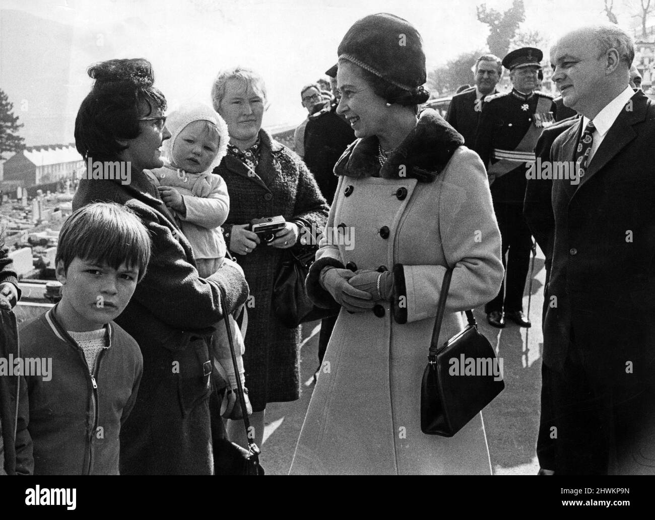 Queen Elizabeth II visits Aberfan and meets Mrs Winnie Mumford, who ...