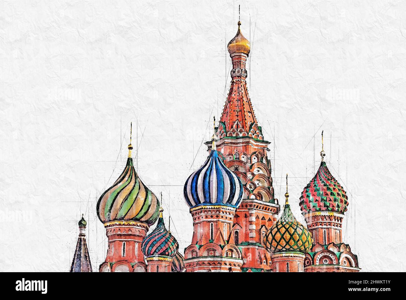Drawing of Moscow. St.Basil Cathedral, pencil and watercolor sketch ...