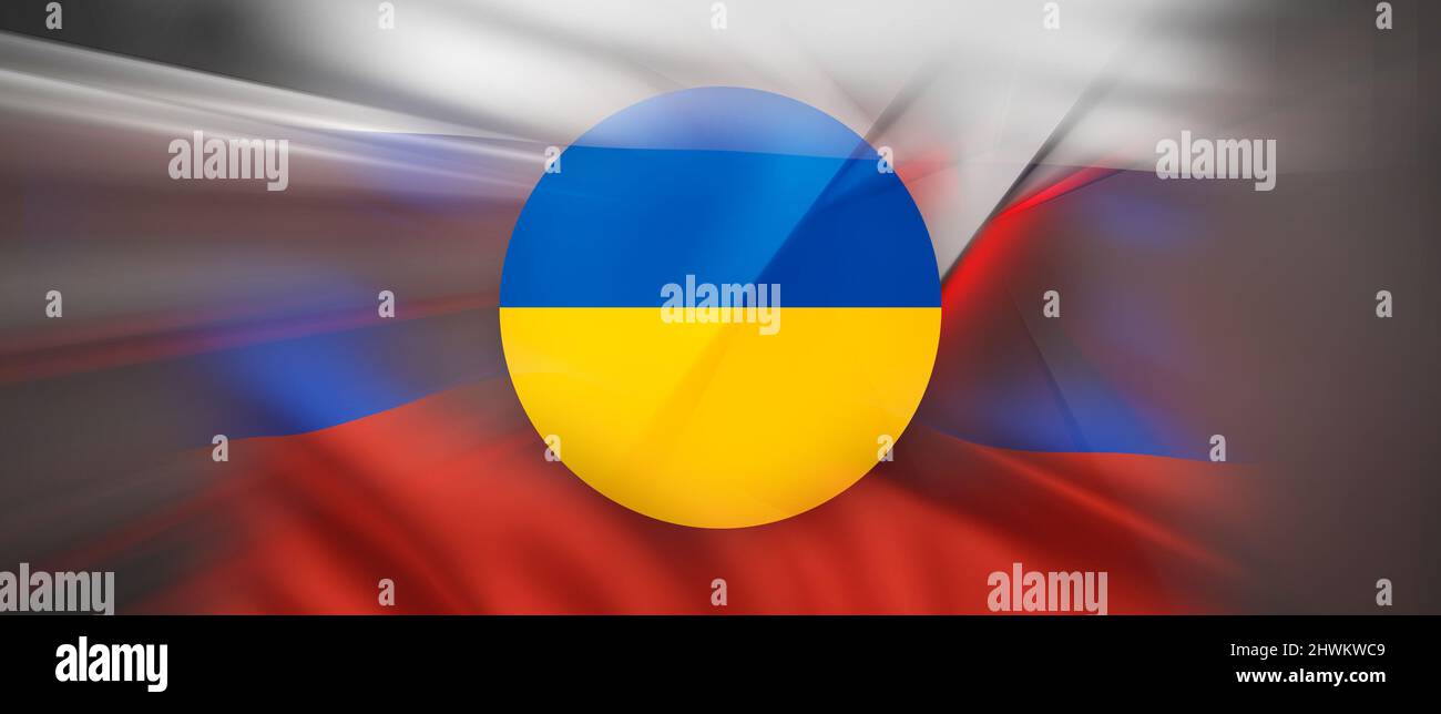 Ukraine round symbol and the flag of Russia 3d-illustration Stock Photo ...
