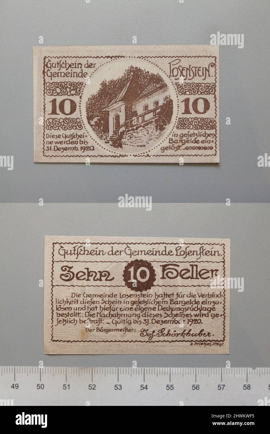 10 Heller from Losenstein, Notgeld. Mint: LosensteinPrinter: Emil ...