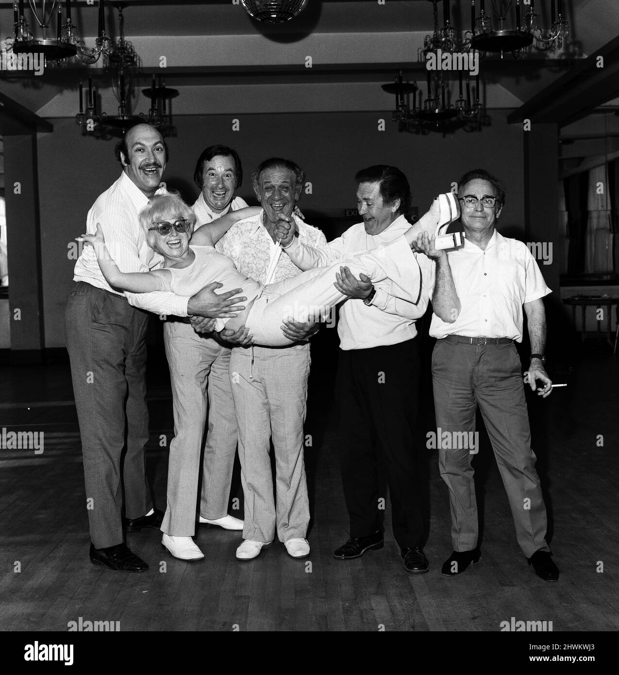 The cast of "Carry on London" rehearsing in Soho. Bernard Bresslaw, Barbara Windsor, Jack ...