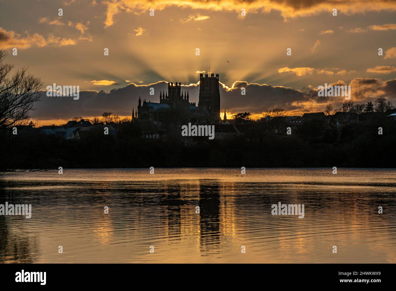 Sunset behind Ely Cathedral, as seen from Roswell Pits Nature reserve ...