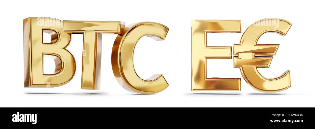 BTC Bitcoin and digital E-Euro symbol golden bold letters 3d ...