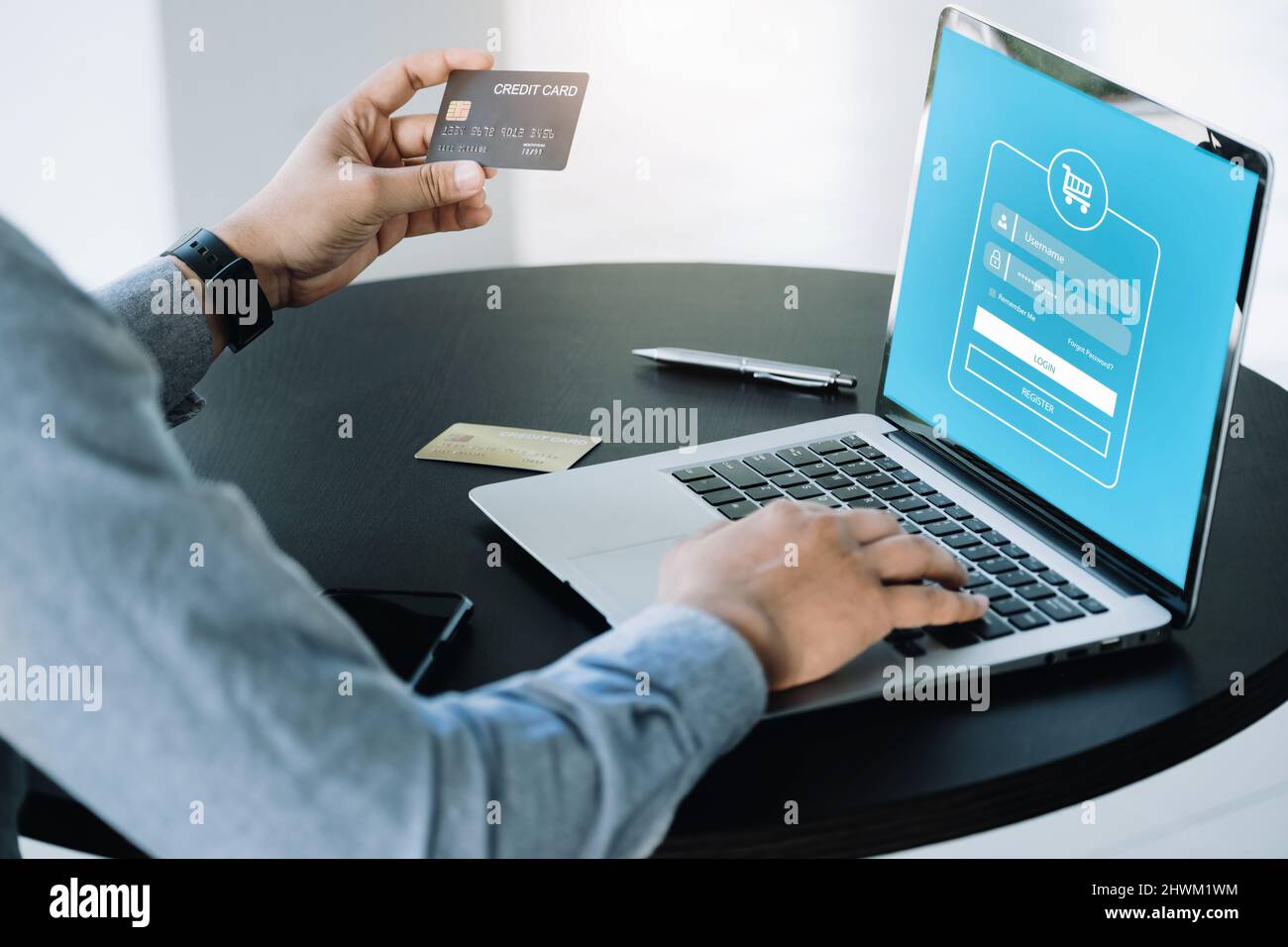 Online Shopping and Internet Payments, Asian man are using their credit ...