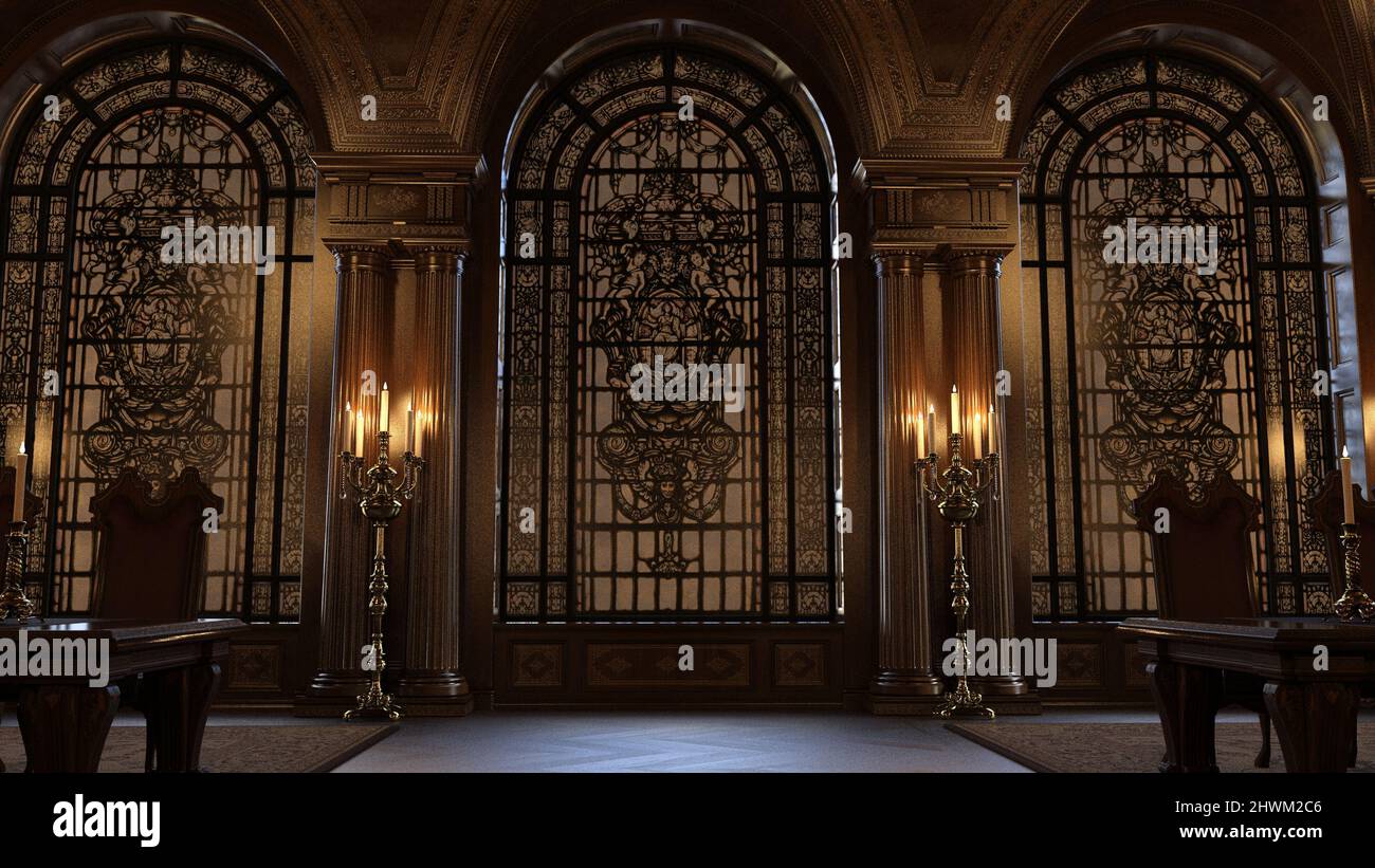 A horror style gothic chapel with an altar illuminated by candlelight ...