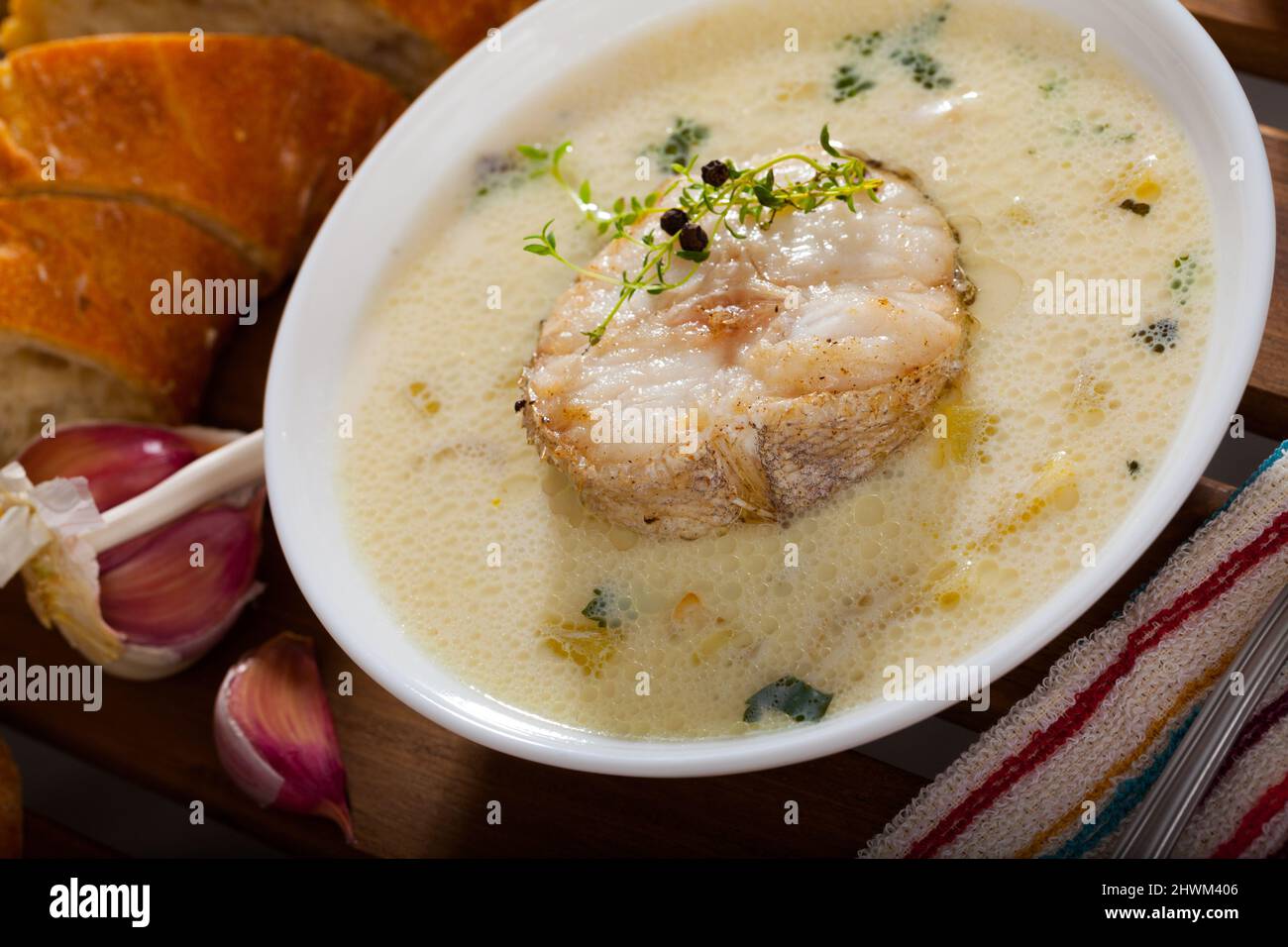 Cream soup with cod Stock Photo - Alamy