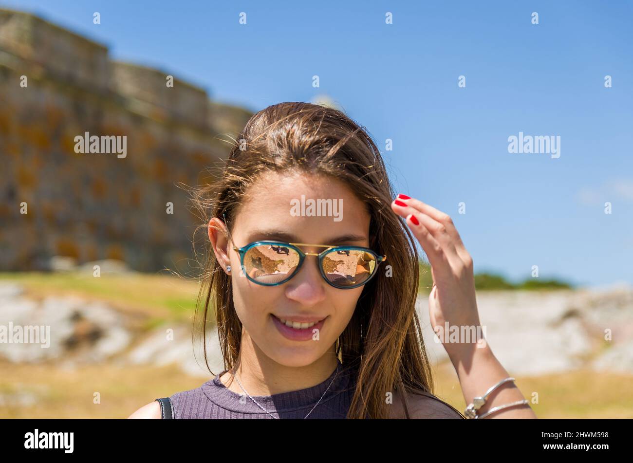 Female tourist visiting Forte de Santa Tereza in Uruguay, an important ...
