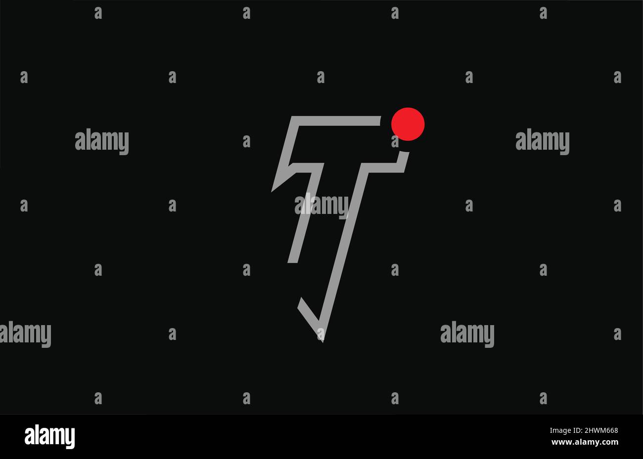 T black and white alphabet letter logo icon design with red dot ...