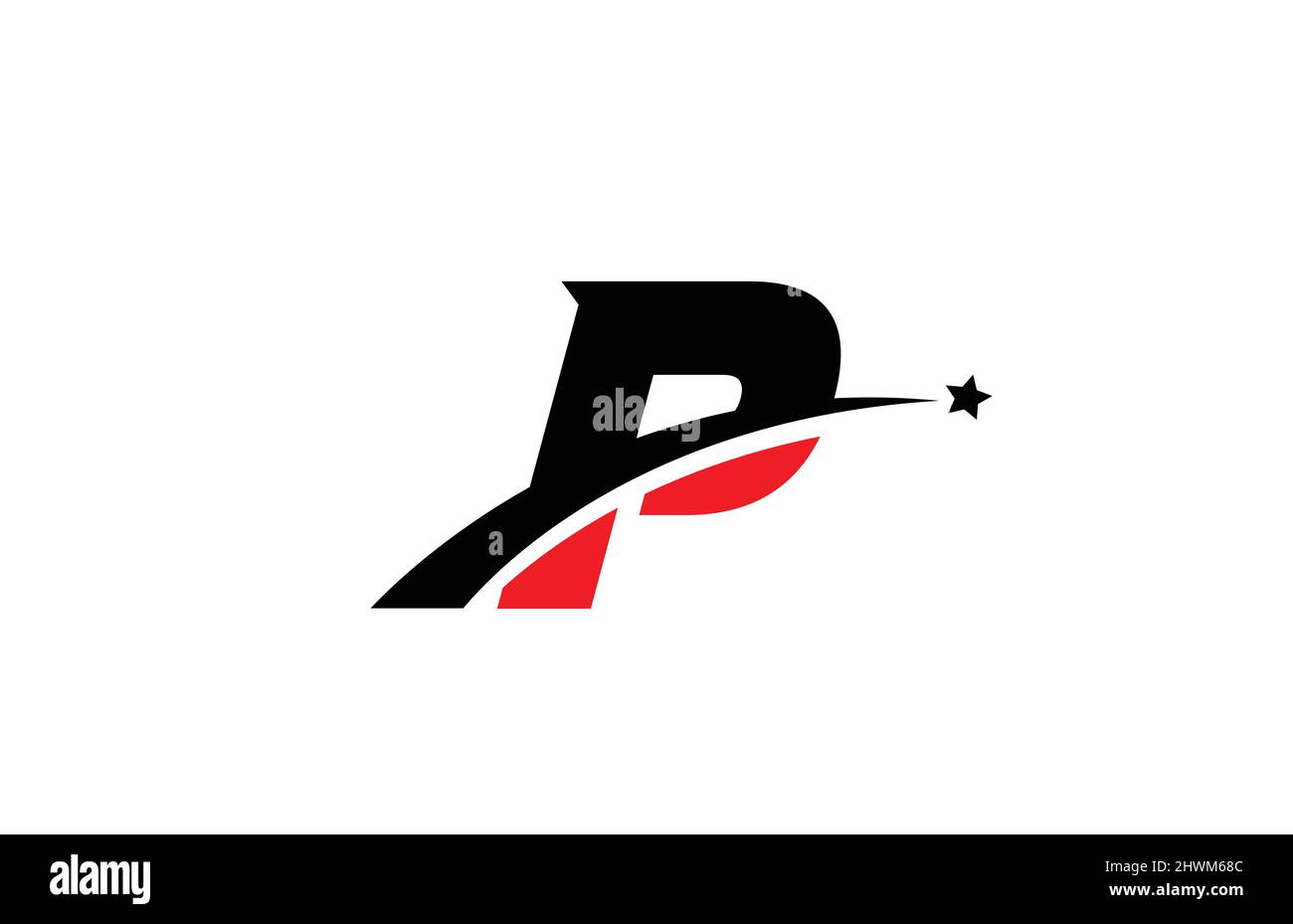 P red black alphabet letter logo icon design with swoosh and star ...