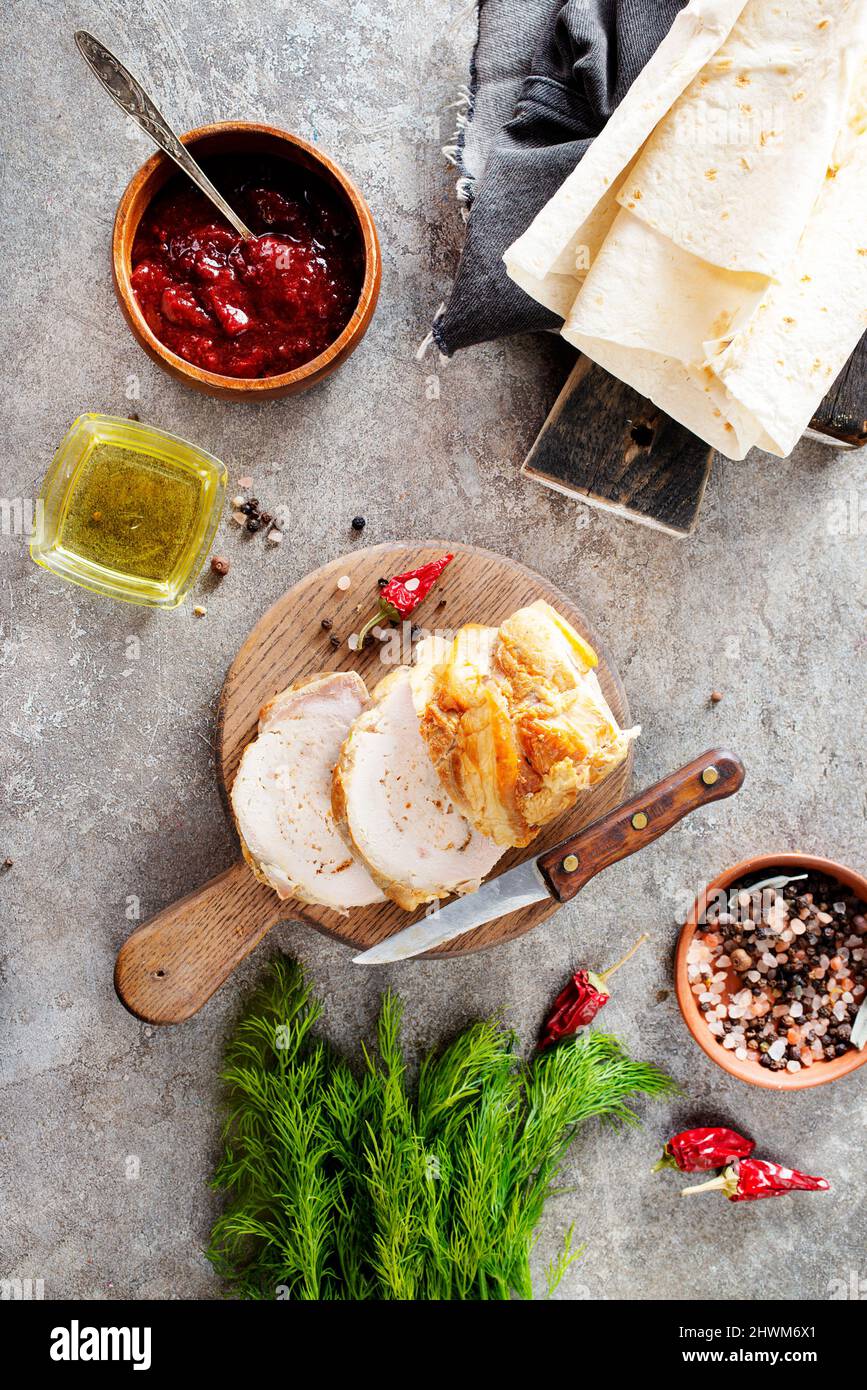 Minced meat loaf roll with mushrooms and carrots. Top view Stock Photo ...
