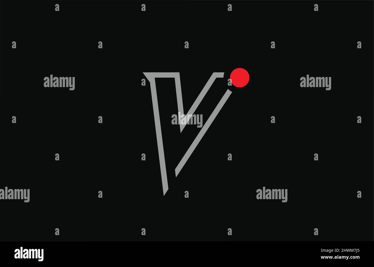 V black and white alphabet letter logo icon design with red dot ...