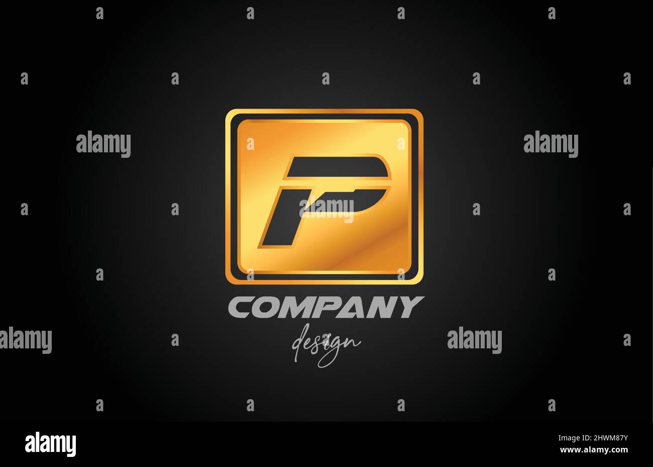 P gold golden metal alphabet letter logo icon with square design ...
