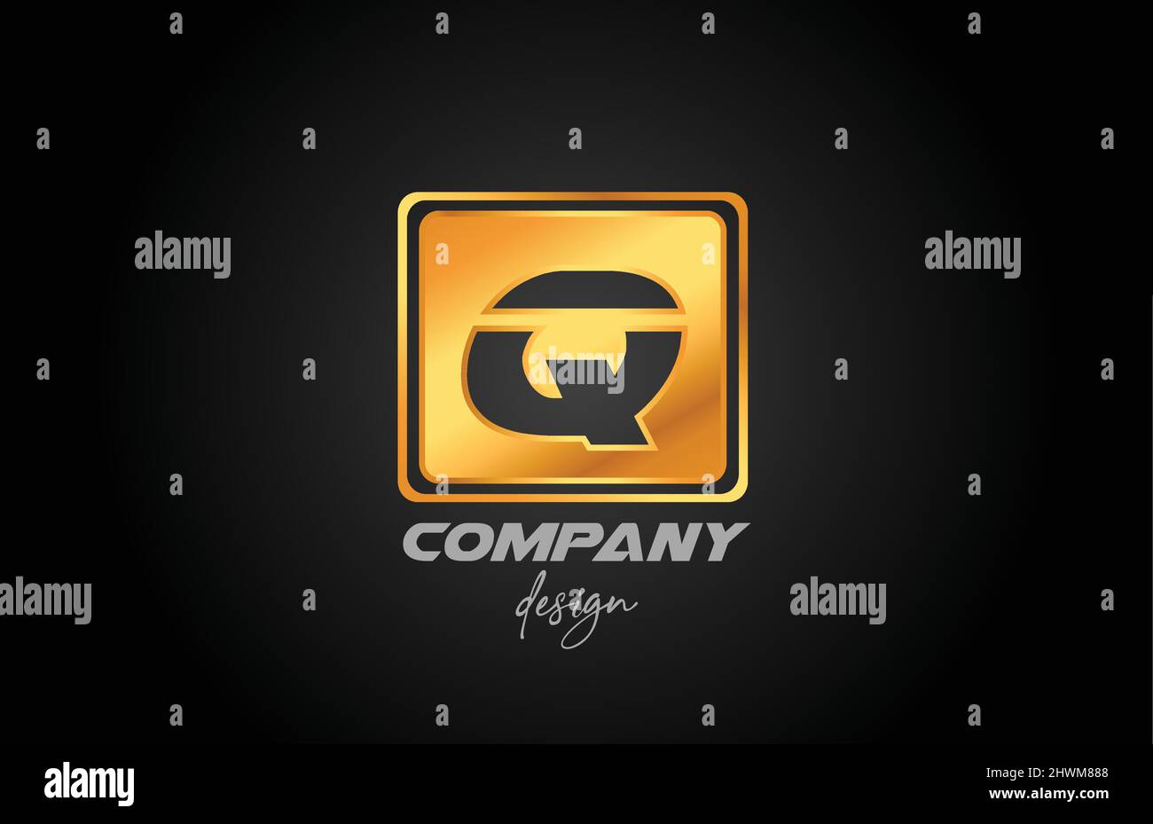 Q gold golden metal alphabet letter logo icon with square design ...