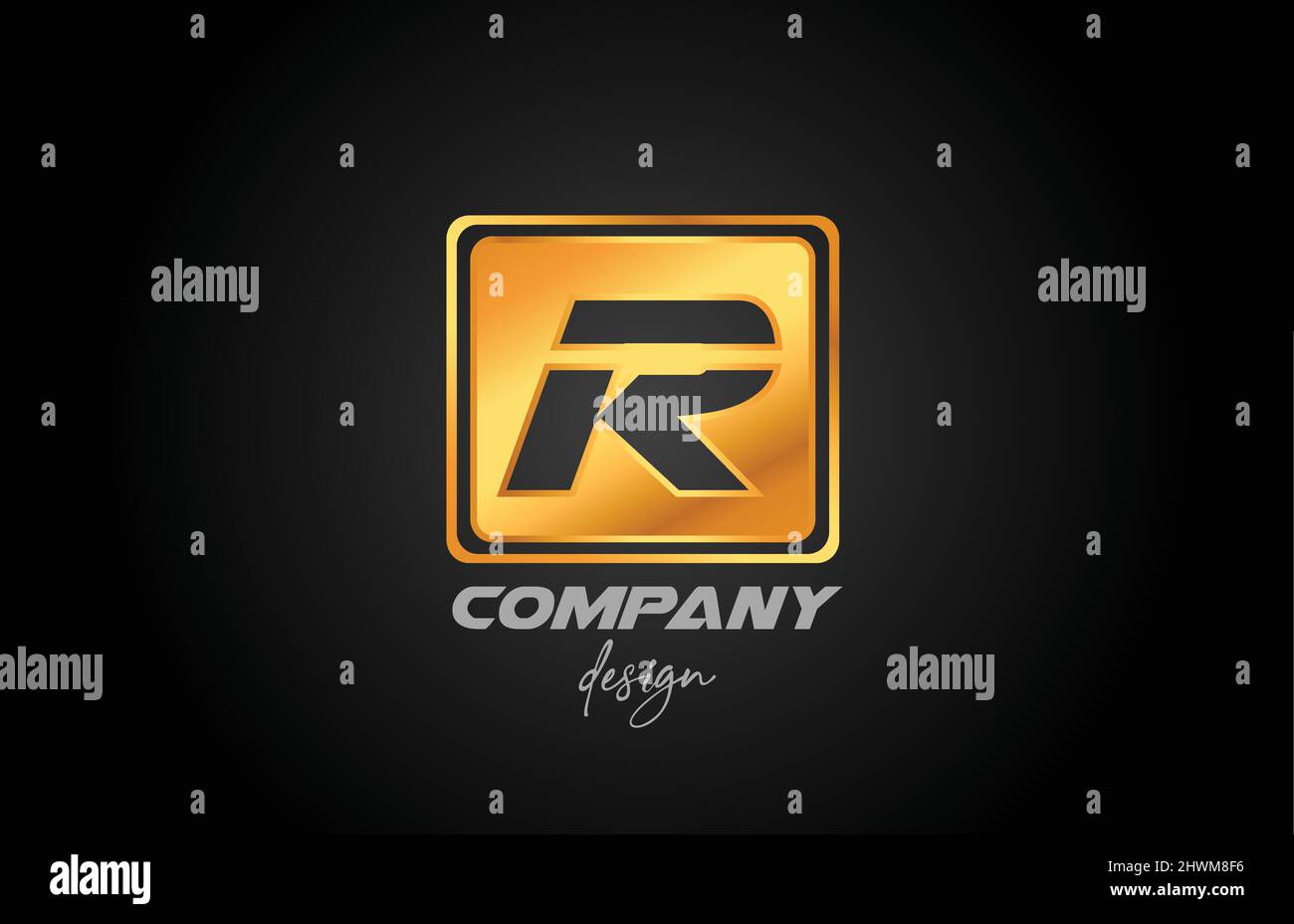R gold golden metal alphabet letter logo icon with square design ...