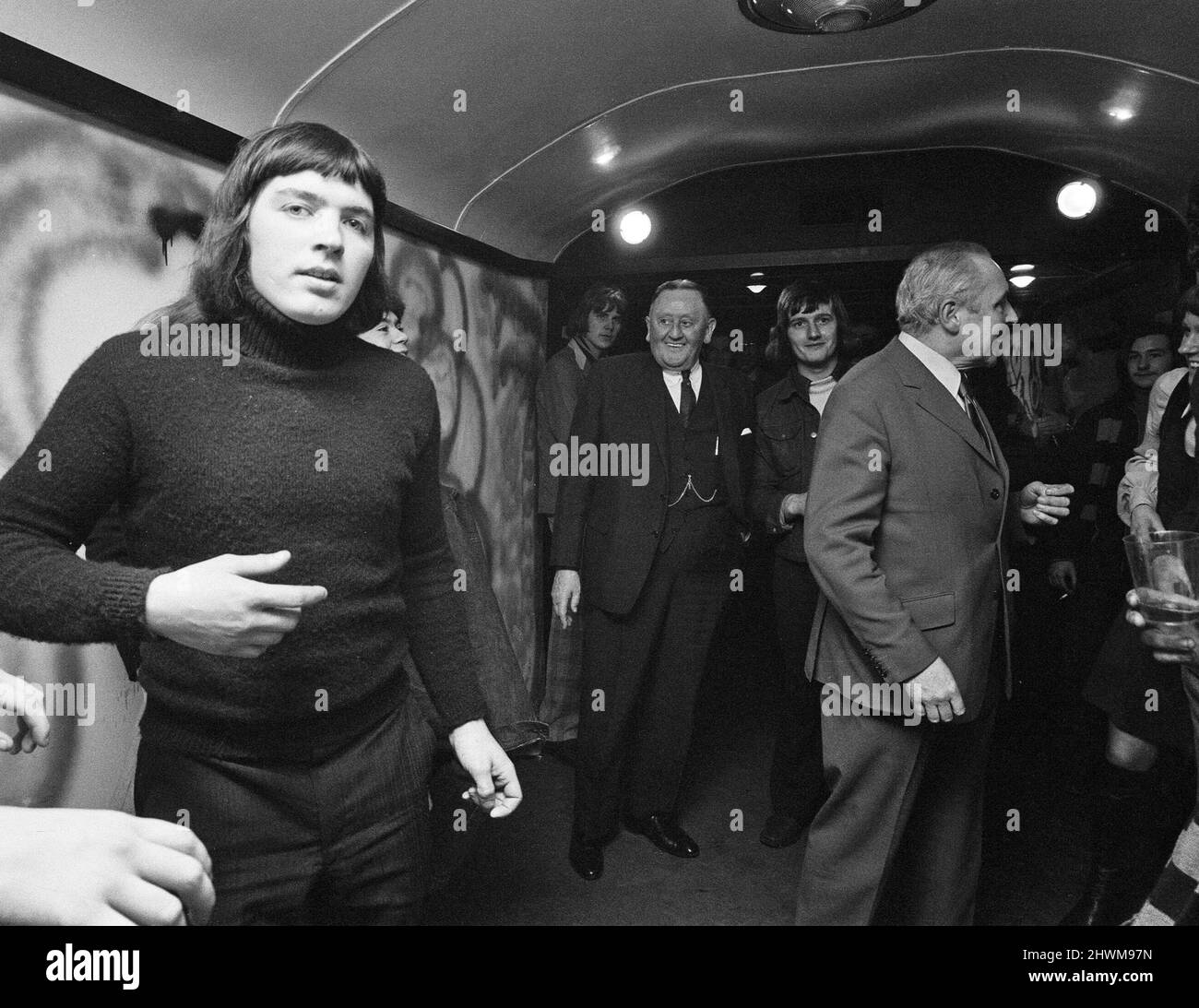 Burnley fans aboard the disco train to London. Chairman Bob Lord is ...