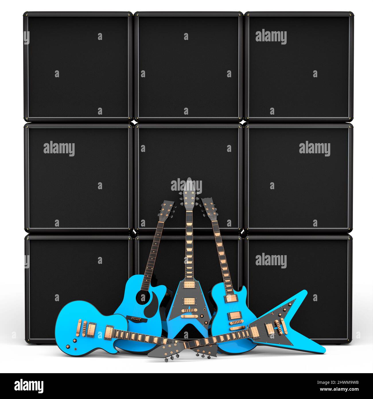 Set of electric acoustic guitar and amplifier on white background. 3d ...