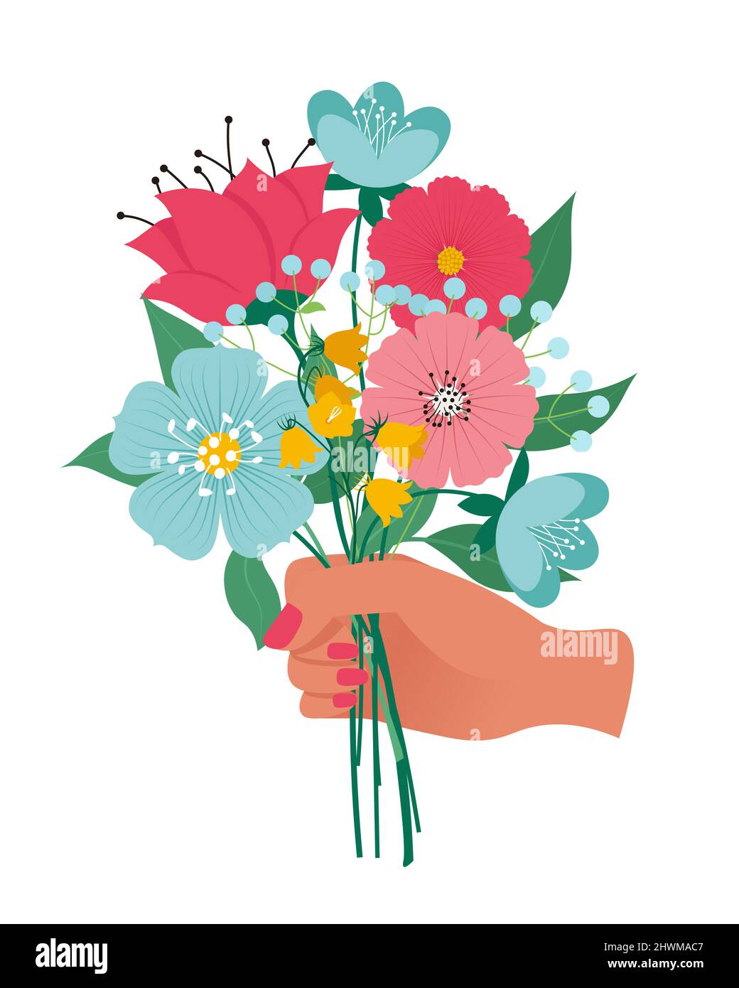 Hand holding bouquet of different blossom flowers. Vector Illustration ...