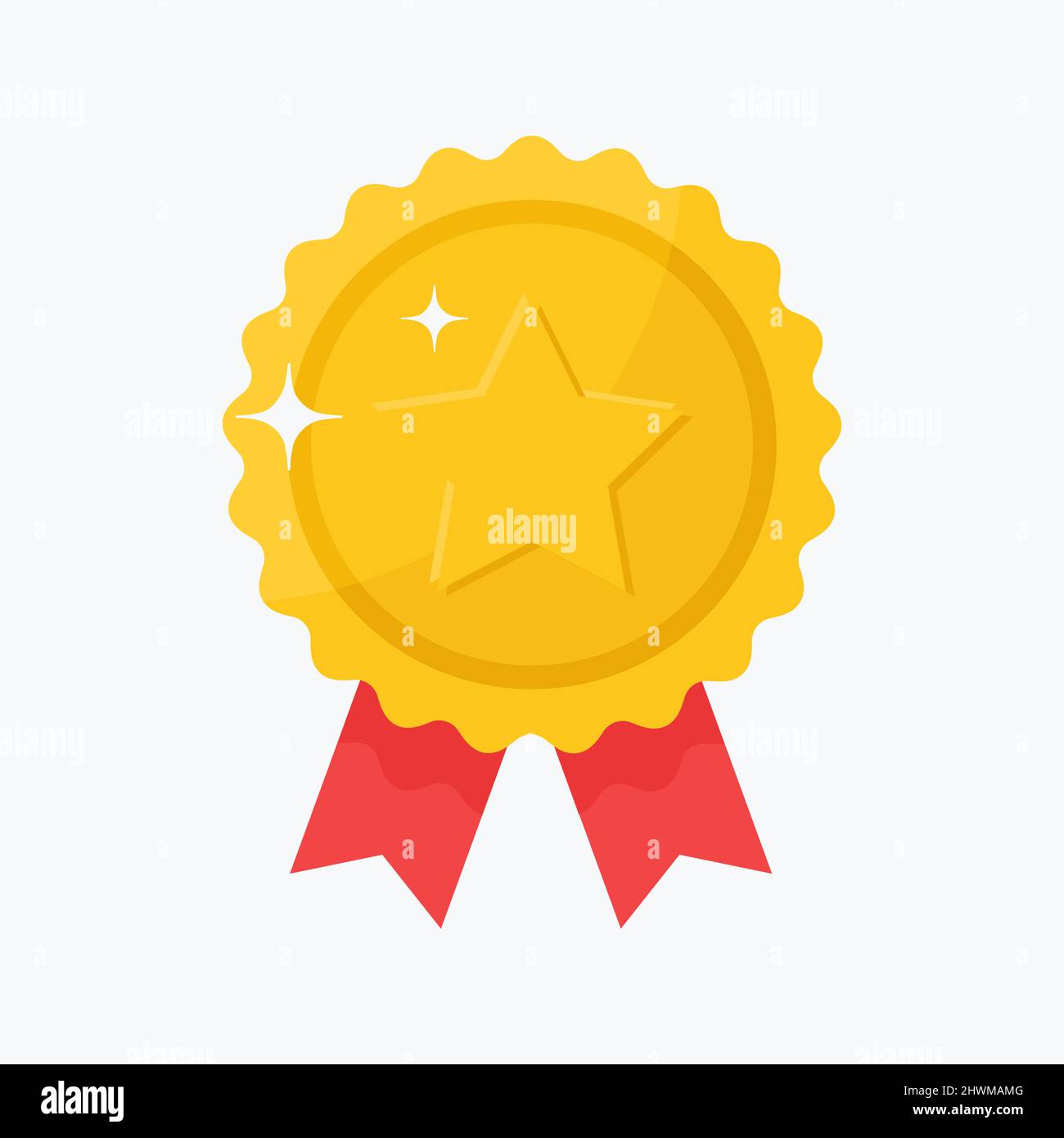 Gold badge award with ribbons icon. Shiny metal reward symbol. Flat ...