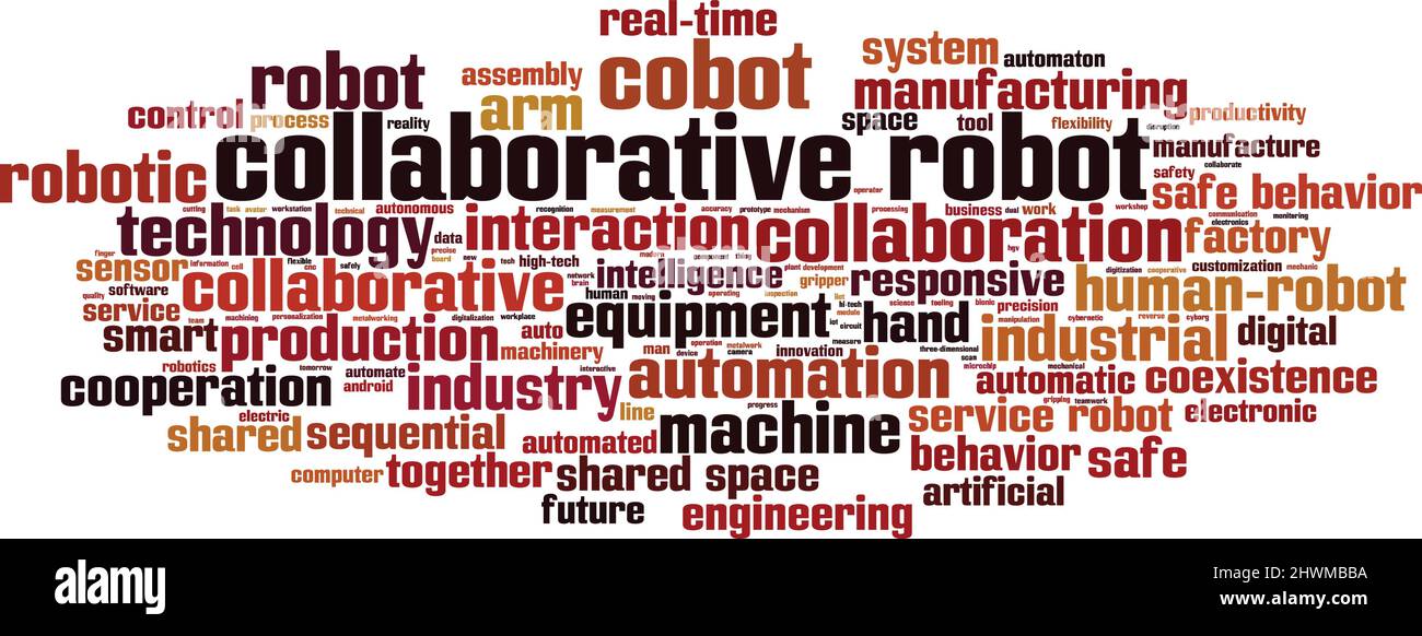 Collaborative robot word cloud concept. Collage made of words about ...