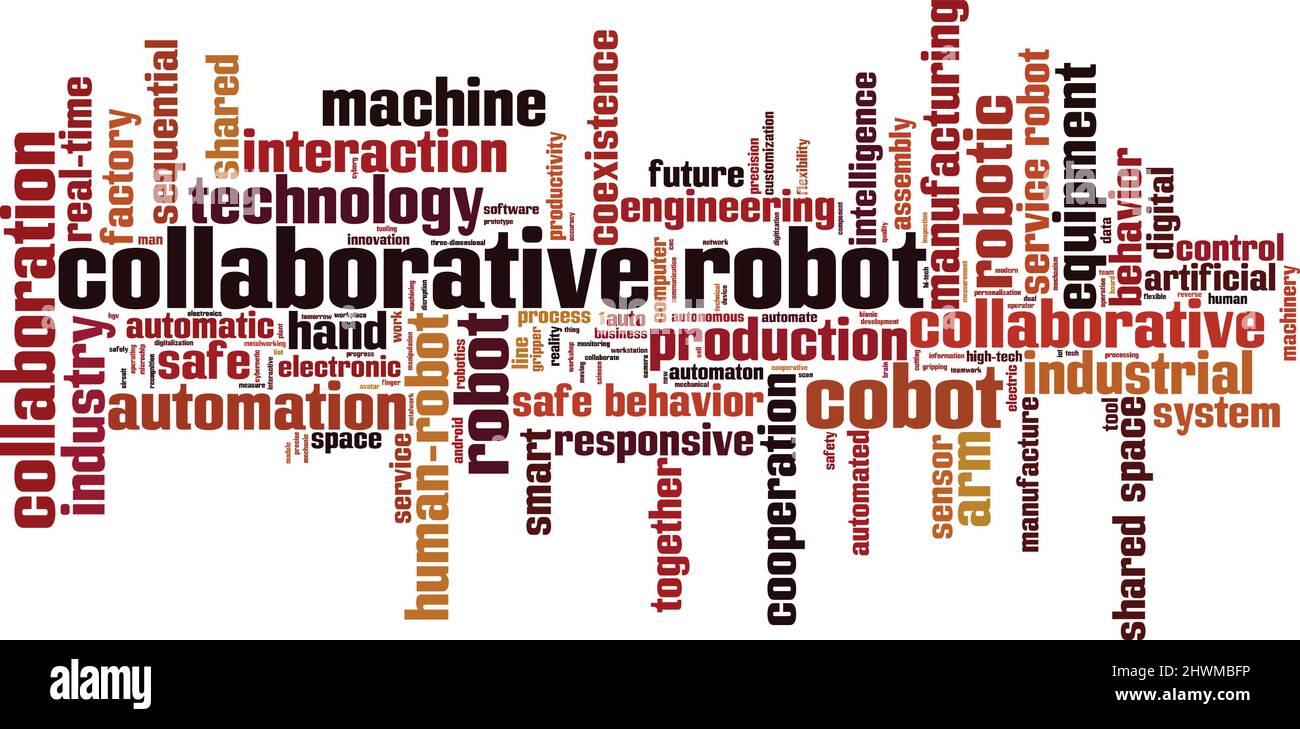 Collaborative robot word cloud concept. Collage made of words about ...