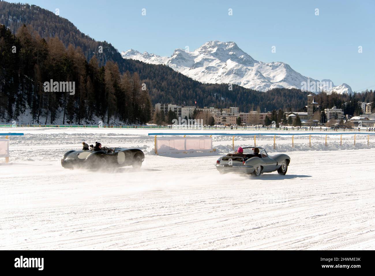 Vintage sports car on the frozen lake of St moritz Stock Photo - Alamy
