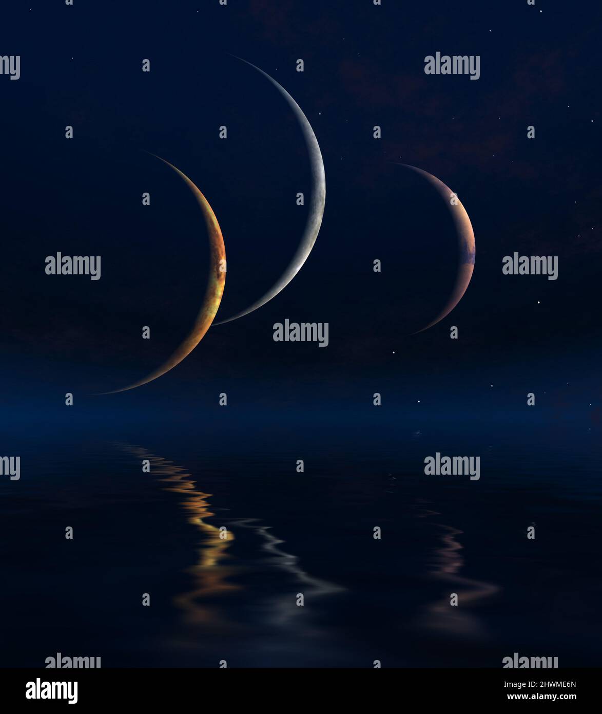 Three moons and Quiet Sea. 3D rendering Stock Photo - Alamy