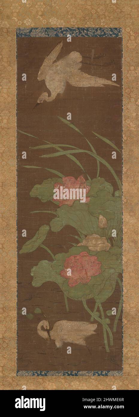 One of a pair of Red “Herons and Lotus”. Artist: Wong Yuk-shue Stock ...