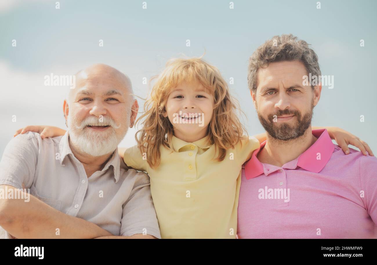 Men generation portrait of grandfather father and son child. Fathers ...