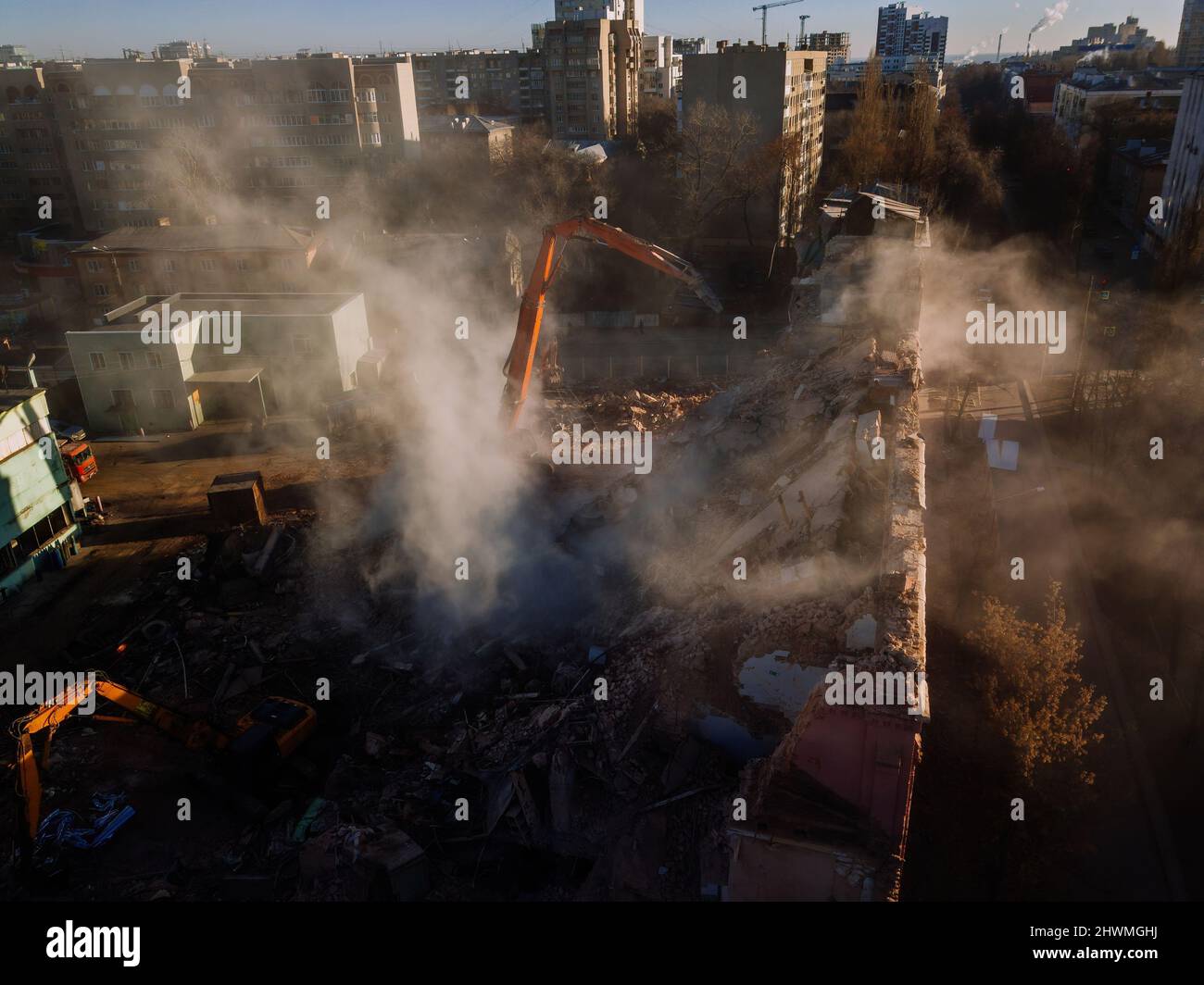Aerial view of demolition site. Process of demolition of old industrial ...