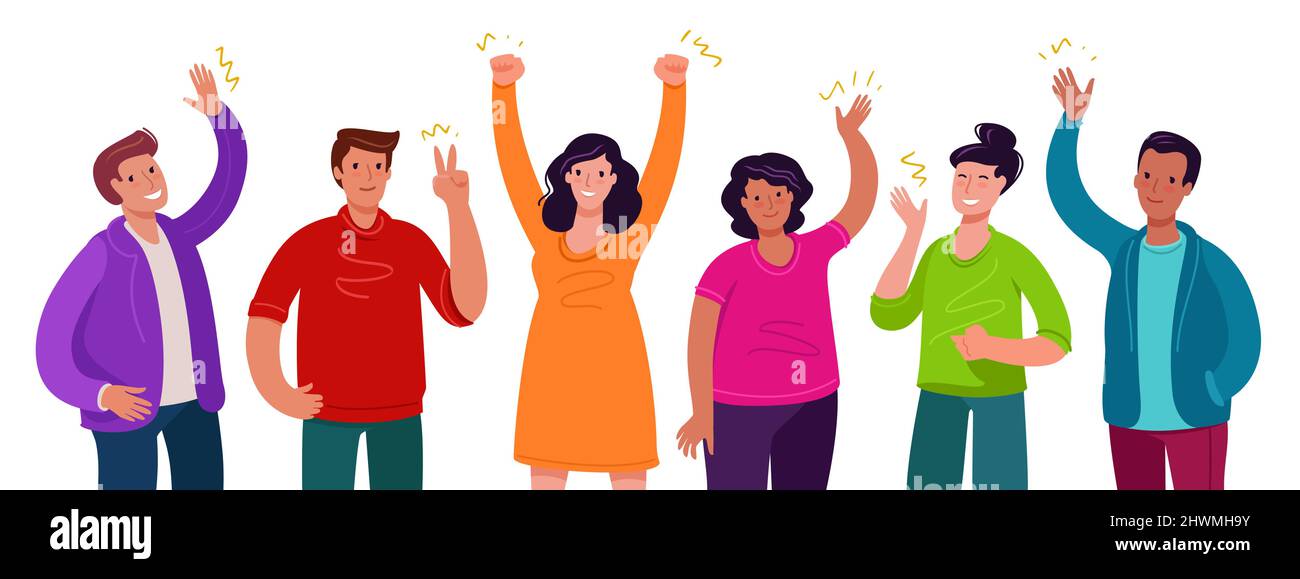 Set of young happy laughing people rejoicing together. Joyful positive ...