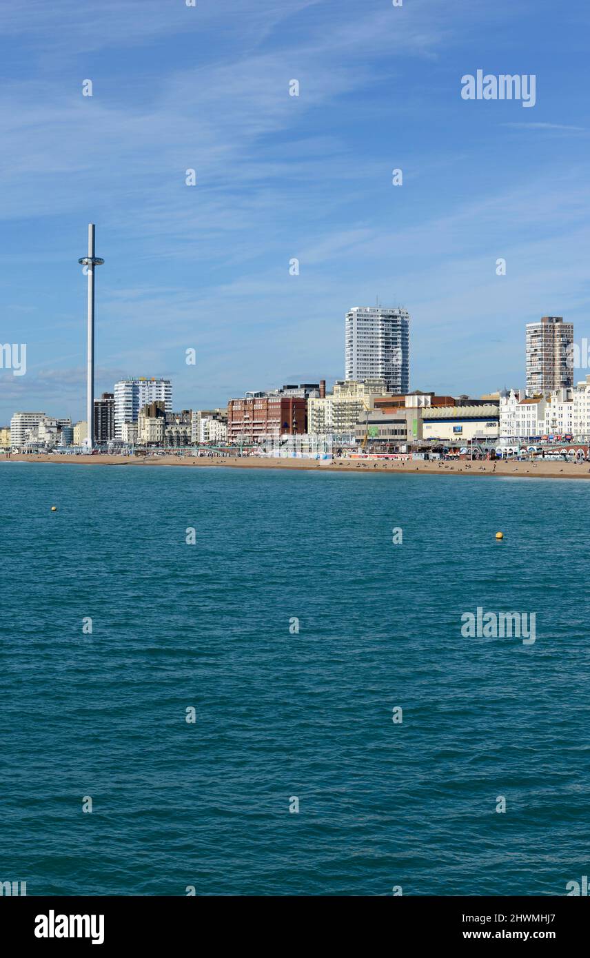 View of the seafront at Brighton, Sussex, UK with the 360 vertical pier ...