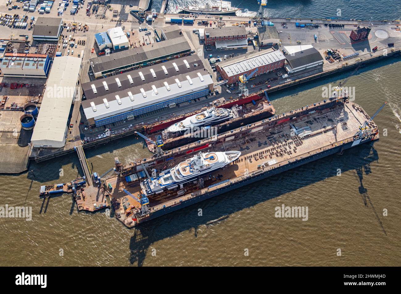 Hamburg, Germany. 05th Mar, 2022. The aerial photo shows two yachts in ...