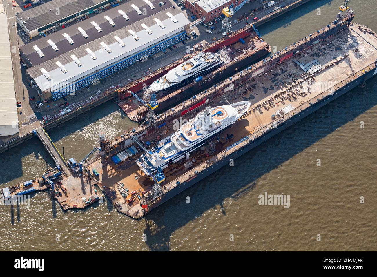 Hamburg, Germany. 05th Mar, 2022. The aerial photo shows two yachts in ...