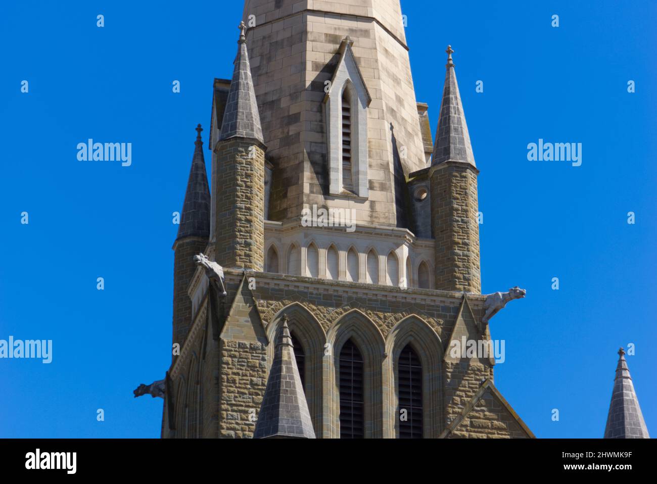 Close up view of the gothic sandstone church tower exterior, Sacred ...