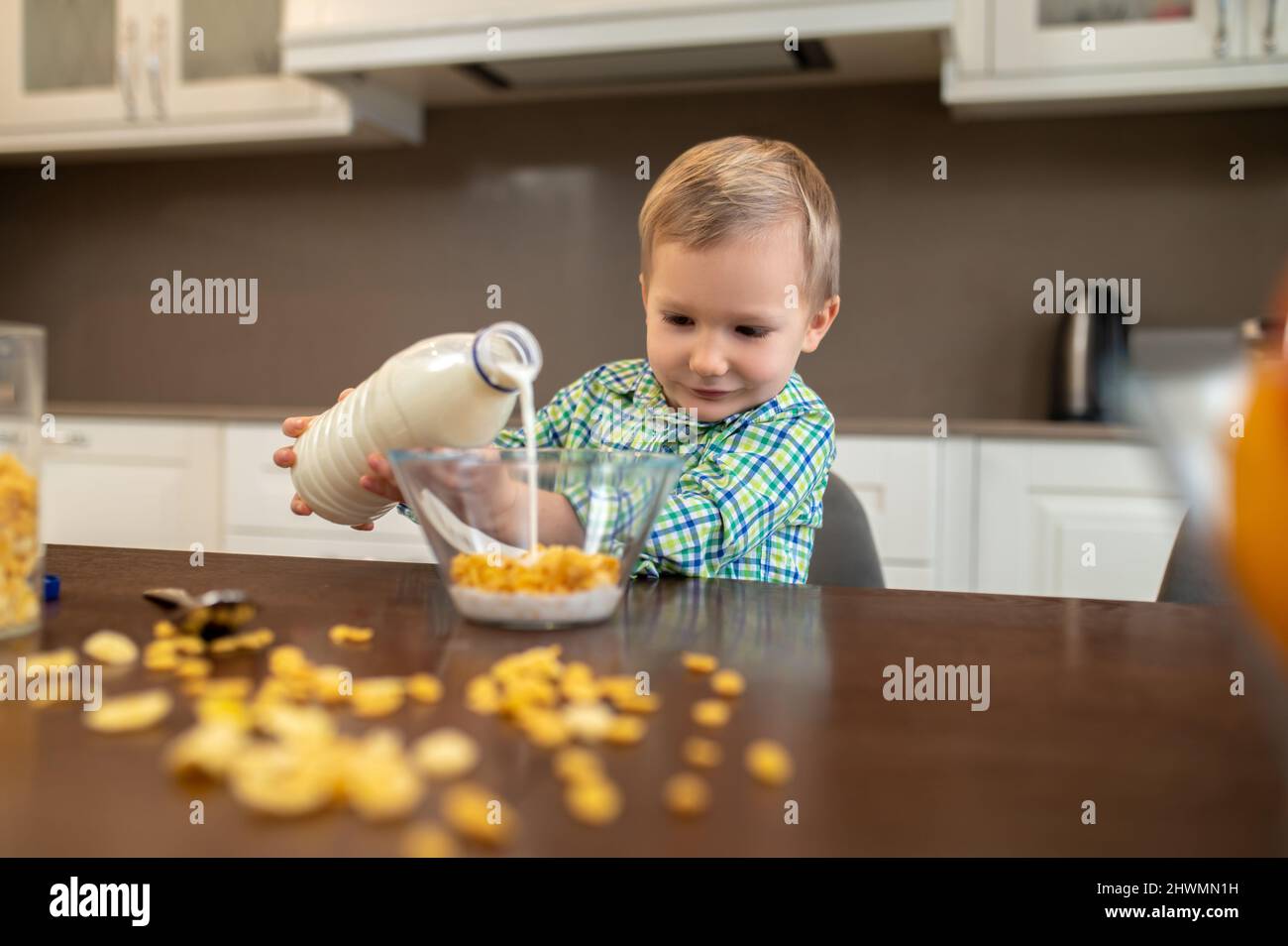 Focused child mixing ingredients for a cold oatmeal dish Stock Photo ...