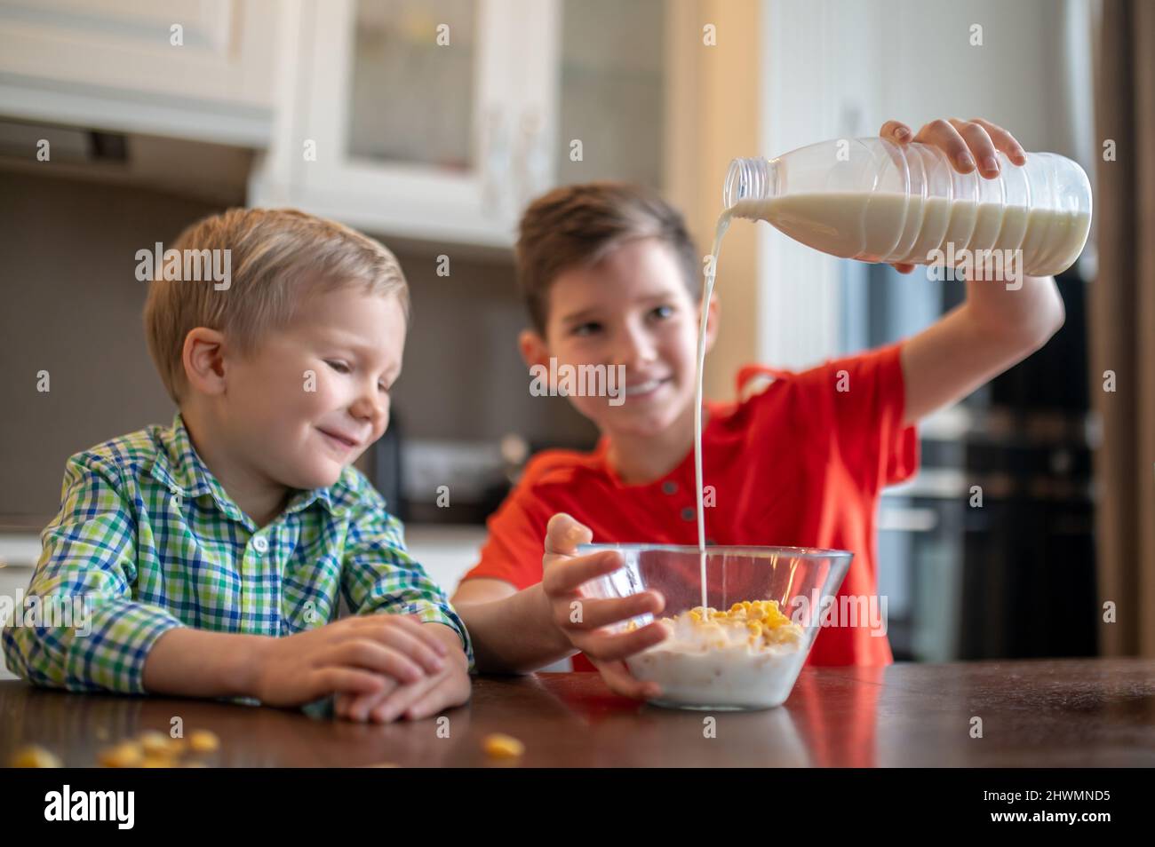 Cheerful boy preparing breakfast for his younger sibling Stock Photo ...