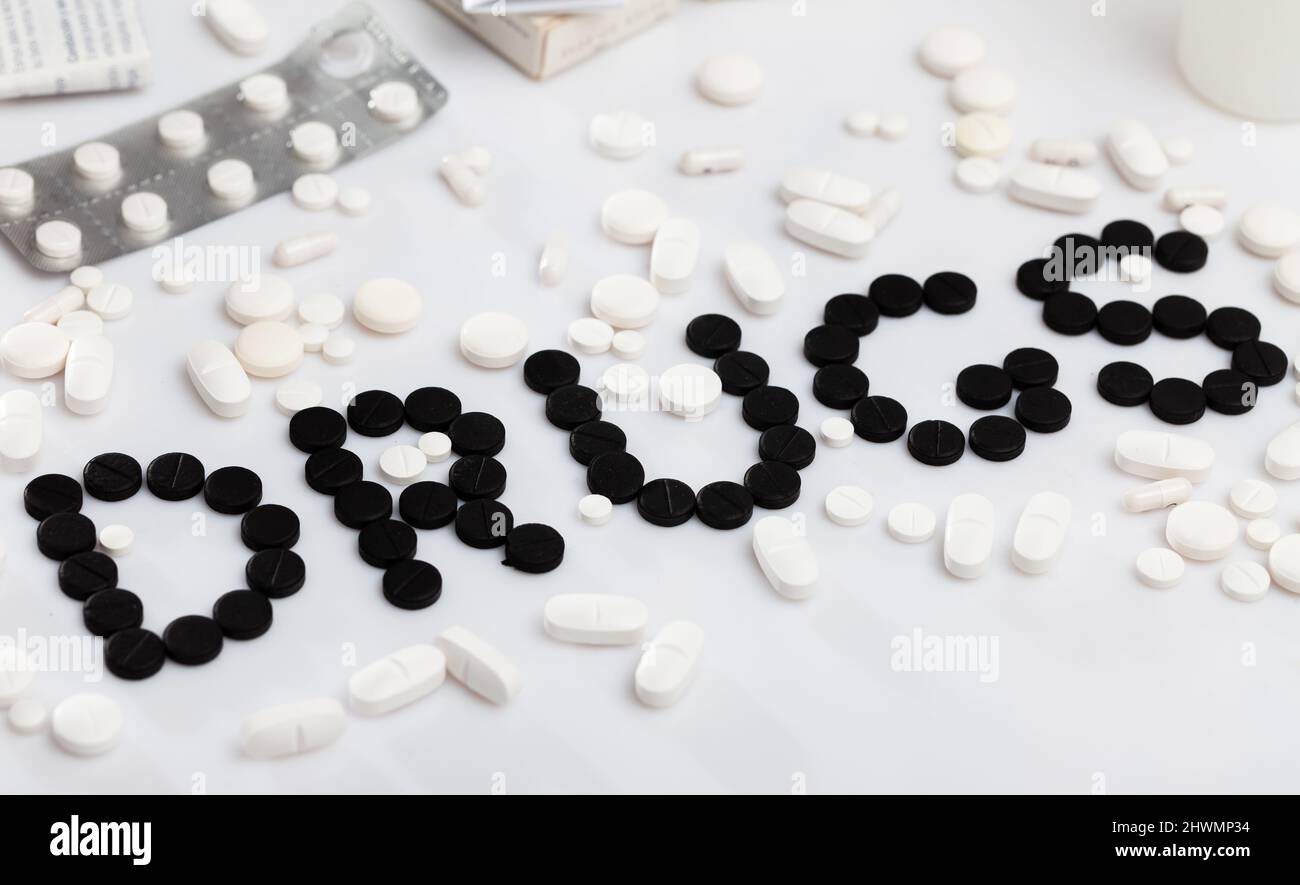 Pills word text made hi-res stock photography and images - Alamy