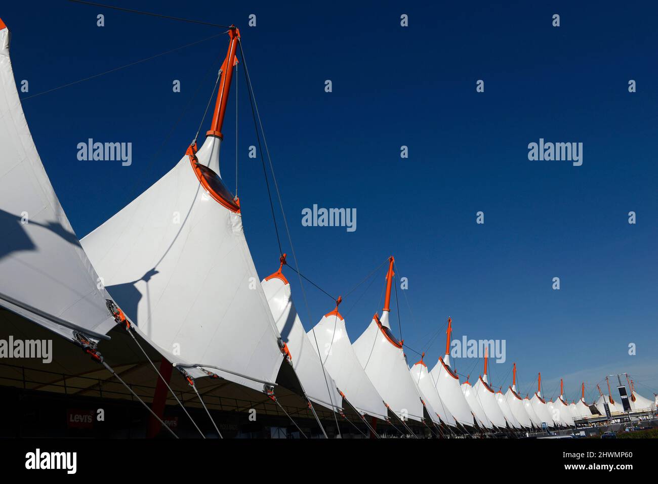 Tent-style roofing on a shopping market in Ashford, Kent, UK, under ...
