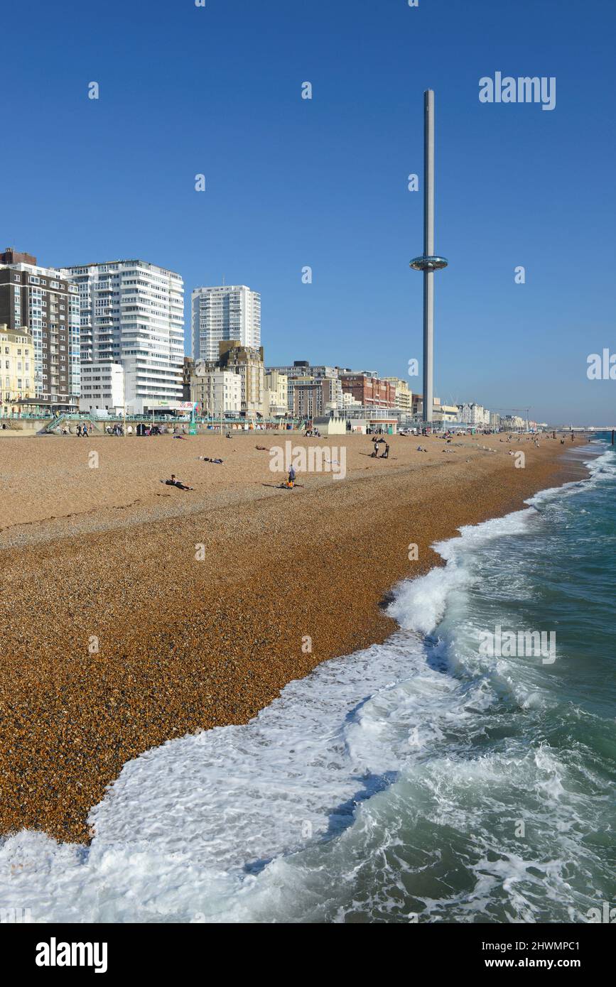 The seafront at Brighton with the gondola of the vertical pier known as ...