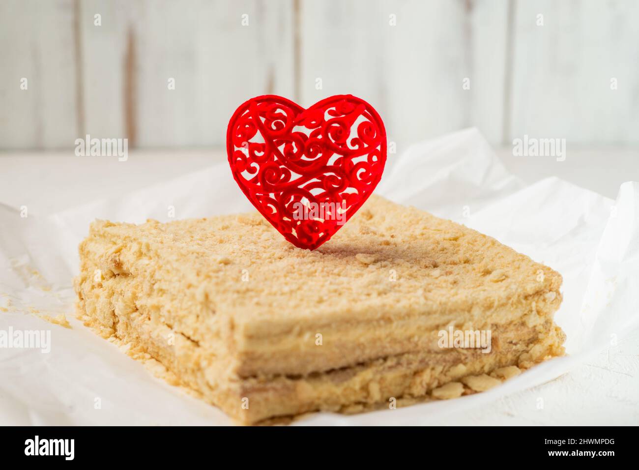 Cake with a red heart. Vegetarian napoleon cake with valentine's day ...