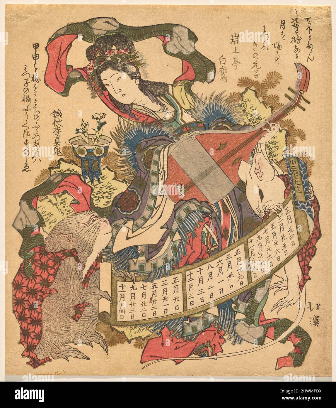 Benzaiten playing biwa with monkey and white rat. Artist: Totoya Hokkei ...