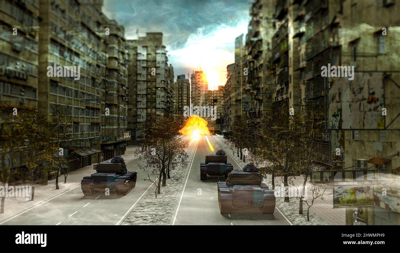 War scene, tanks and air strikes, missiles and cannon shots. Advance of ...