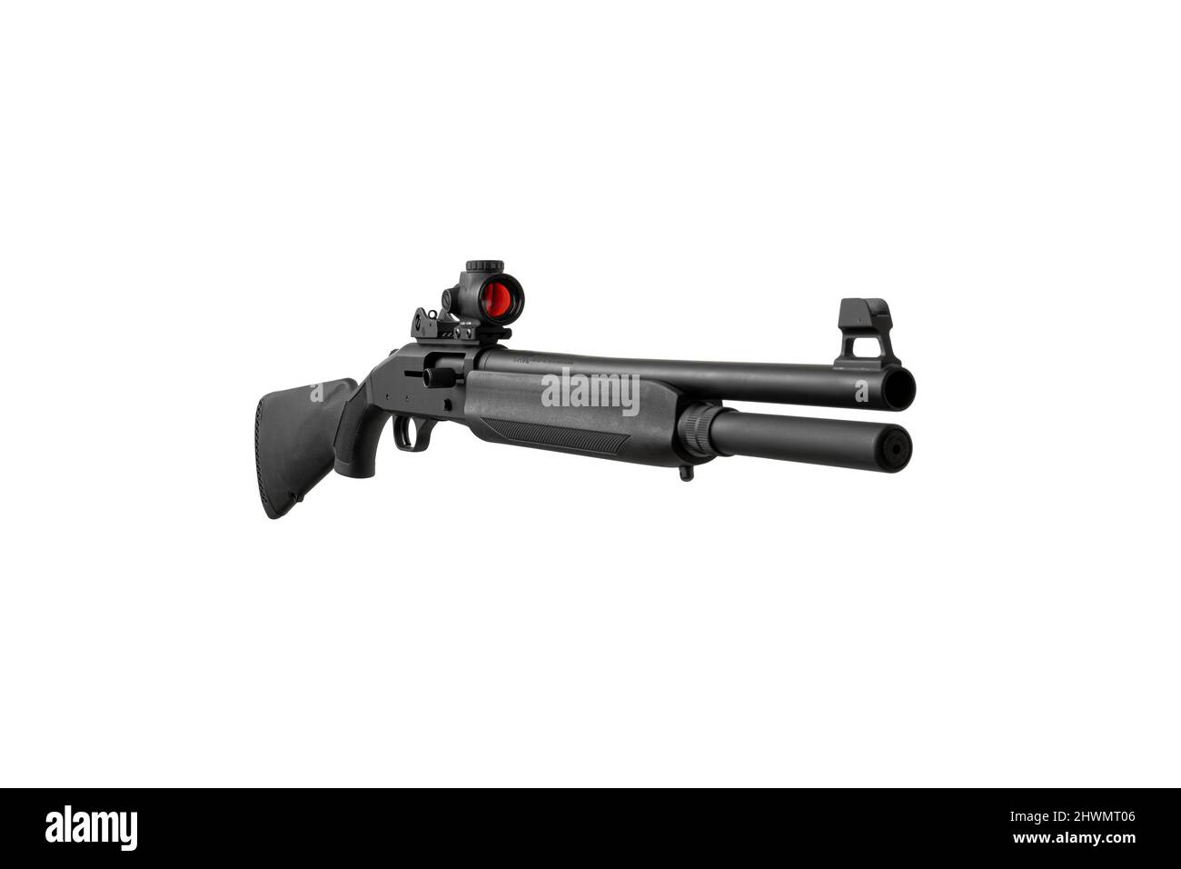 A modern semi-automatic 12-gauge smoothbore shotgun with a reflex sight ...