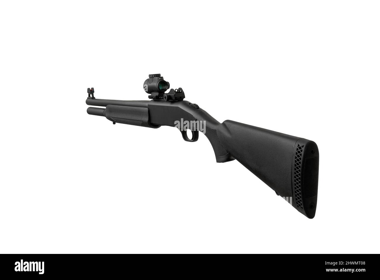 A modern semi-automatic 12-gauge smoothbore shotgun with a reflex sight ...