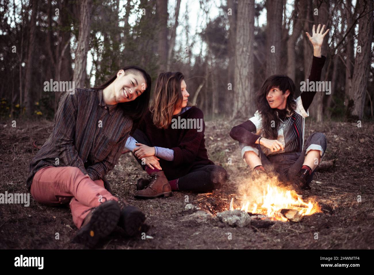 female friends chatting around campfire in forrest Stock Photo - Alamy