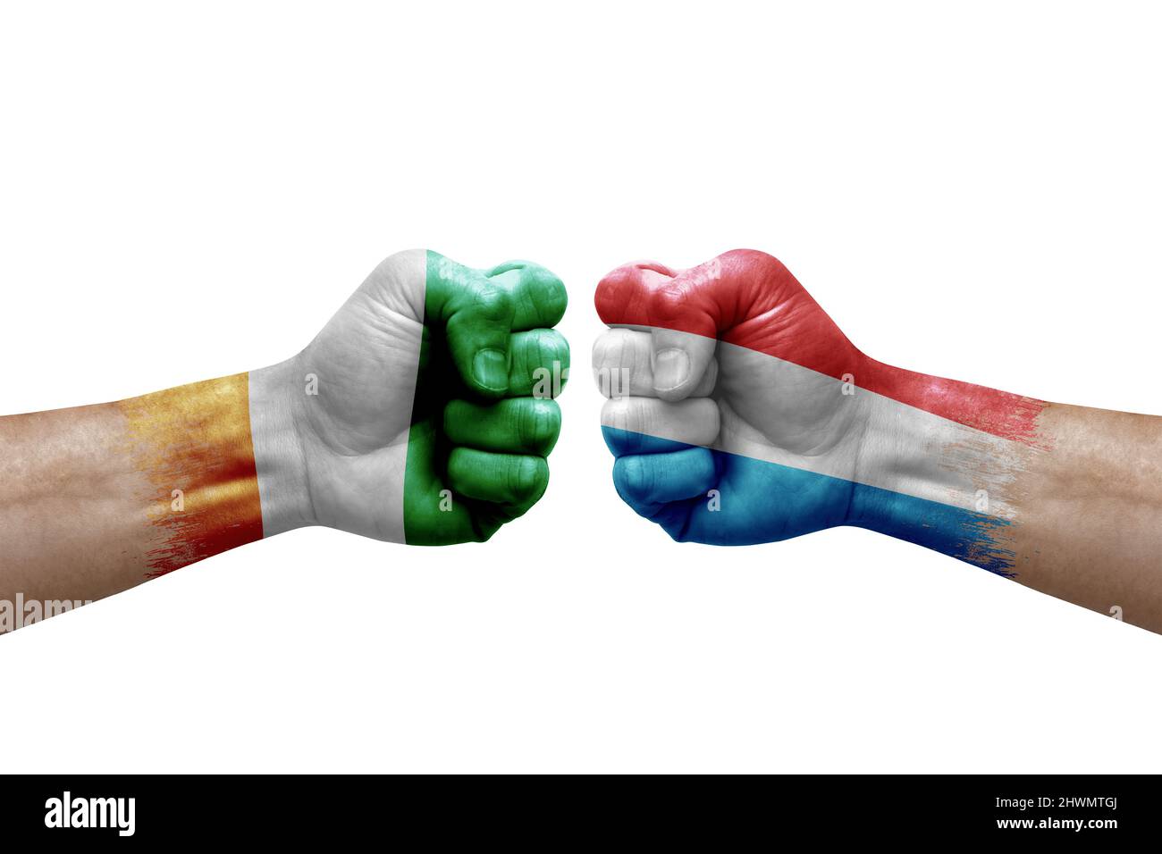 Two hands punch to each others on white background. Country flags ...