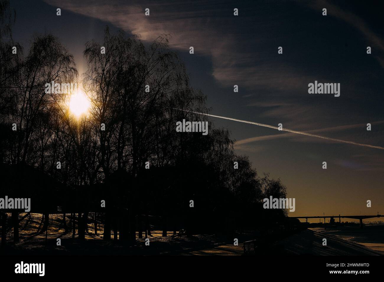 The trace of the plane in the sky Stock Photo - Alamy