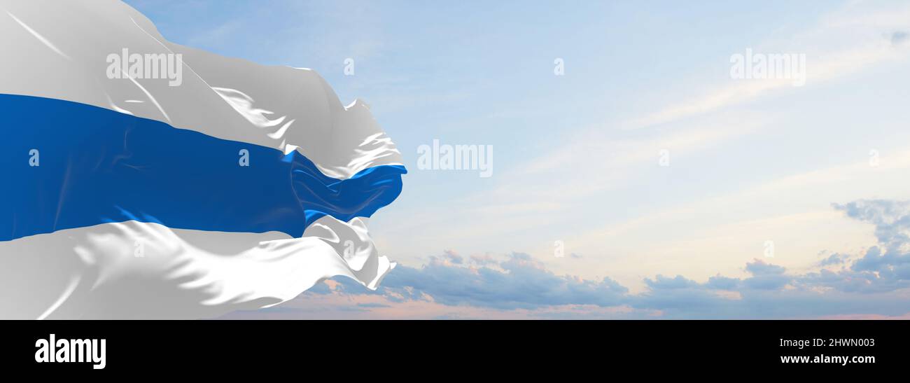 Flag of Russian parliament republic wanivg in sky. anti-war white blue ...