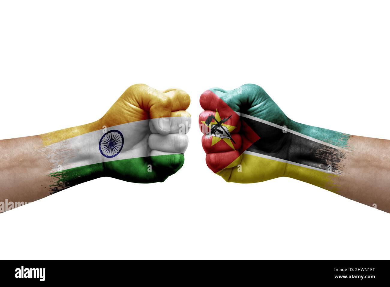 Two hands punch to each others on white background. Country flags ...